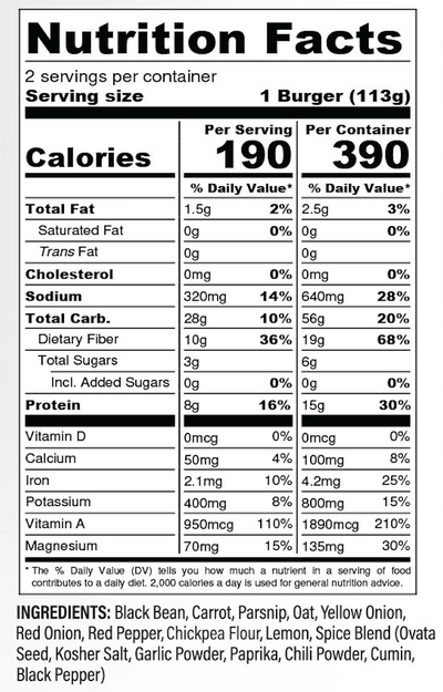 Black Bean Veggie Burger- 8 Burgers Total - Actual Veggies